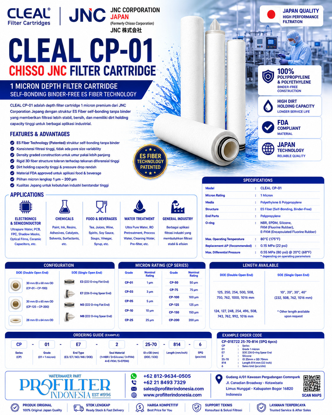 CLEAL CP-01 Chisso JNC Filter Cartridge 1 Micron Jepang
